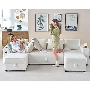 AMERLIFE 114 Inch Sectional Sofa,6 Seats Modular Sectional Sofa with Storage, U Shaped Couch with 2 USB Ports &Cup Holders, Ottomans, 4 Pieces Set White Bouclé Sofa Couch