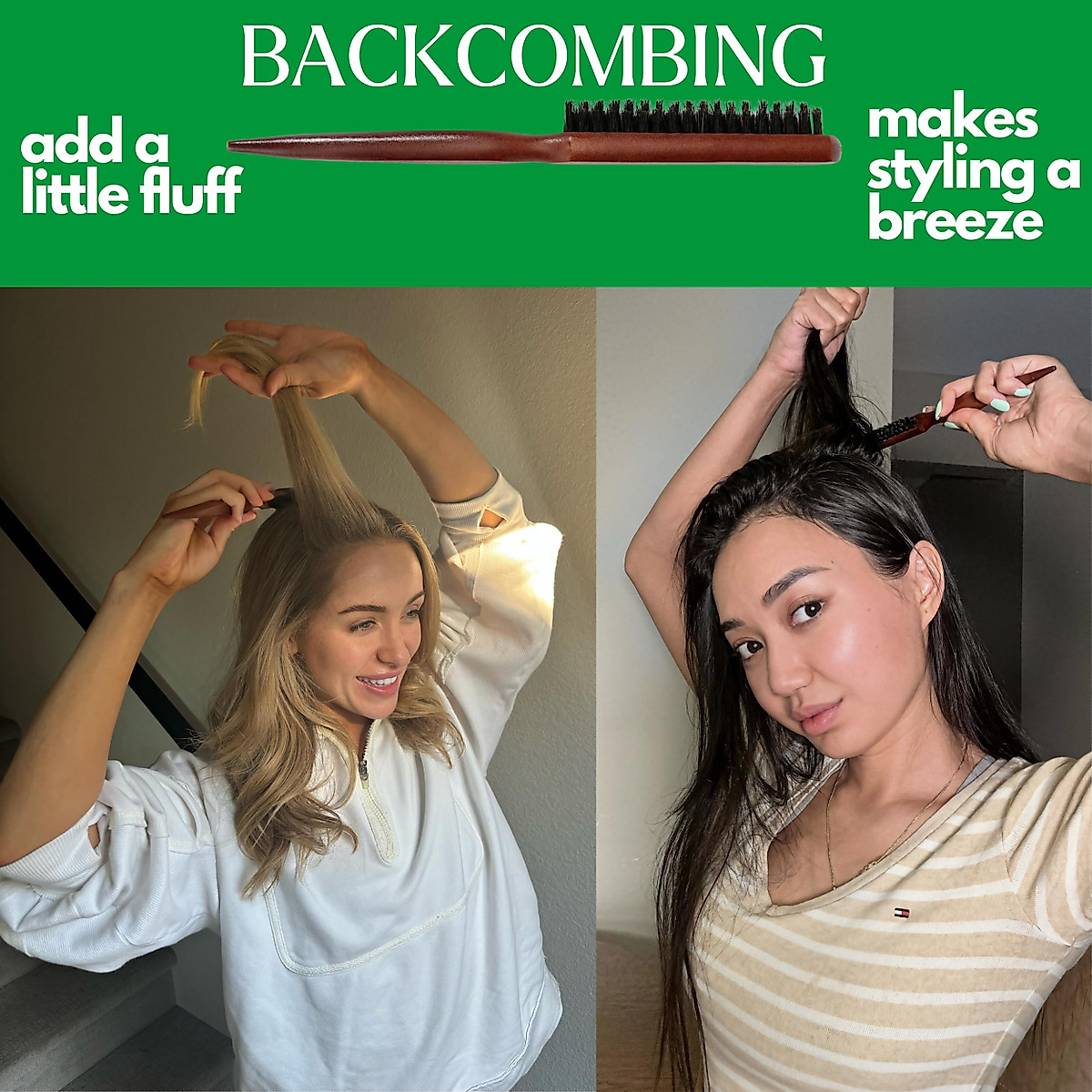 GranNaturals Teasing Boar Bristle Hair Brush for Women - Slick Back Comb with Rat Tail Pick for Hair Sectioning Used for Edge Control, Backcombing, Smoothing, and Styling Fine Hair to Create Volume