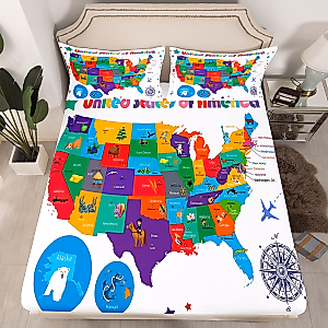 USA Political Map Fitted Sheet Federal States Map Bedding Set for Kids Boys Girls Science Popularization Bed Sheet Set Educational Bed Cover Full Size