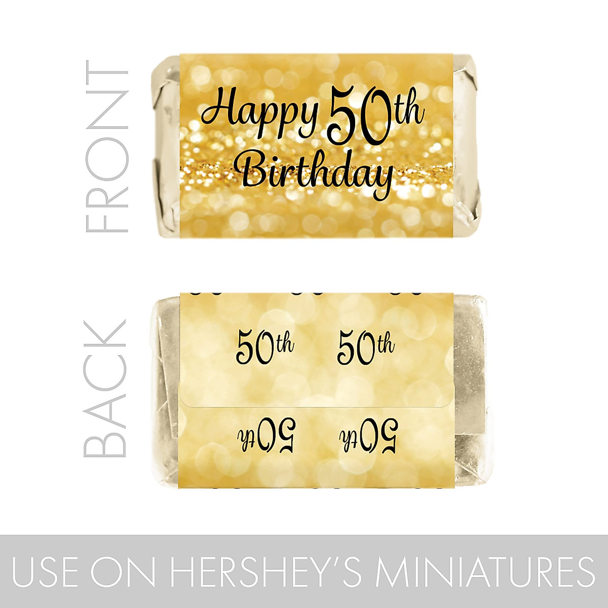 DISTINCTIVS Black and Gold 50th Birthday Party Mini Candy Bar Wrappers - 45 Stickers