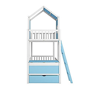 Goohome Twin Over Twin Bunk Beds with Stairs & Trundle,Wood Bunk Bedframe with Storage Cabinet and Drawer, High Length Guardrail, Built-in Slat, No-Noise, for Kids Teens Adults