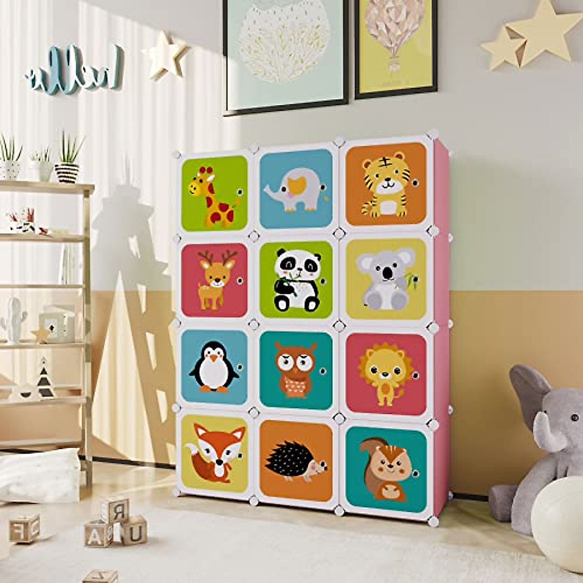C&AHOME Kids Toy Cartoon Cube Storage Organizer with Doors, 12-Cube Shelves, Closet Cabinet, DIY Plastic Modular Bookshelf Ideal for Bedroom, Living Room, 42”L x 14”W x 56”H Pink UPCS3512P-DOOR