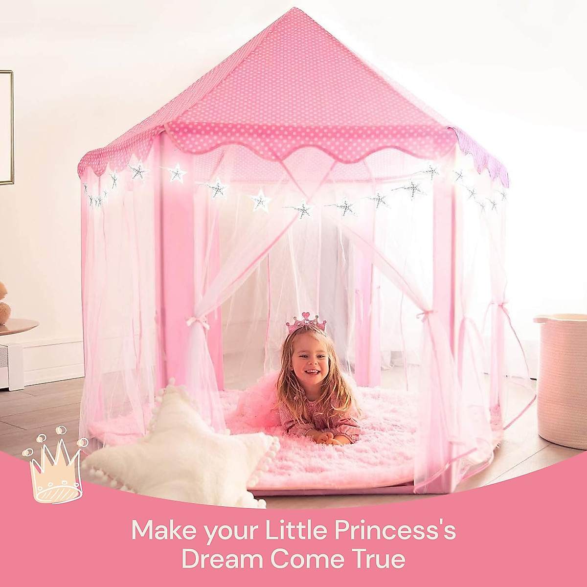 PLAYVIBE Princess Tent for Kids Tent 55"x53" – Princess Toys Kids Tent with Ultra Soft Rug & Star Led Lights – Princess Castle, Indoor & Outdoor
