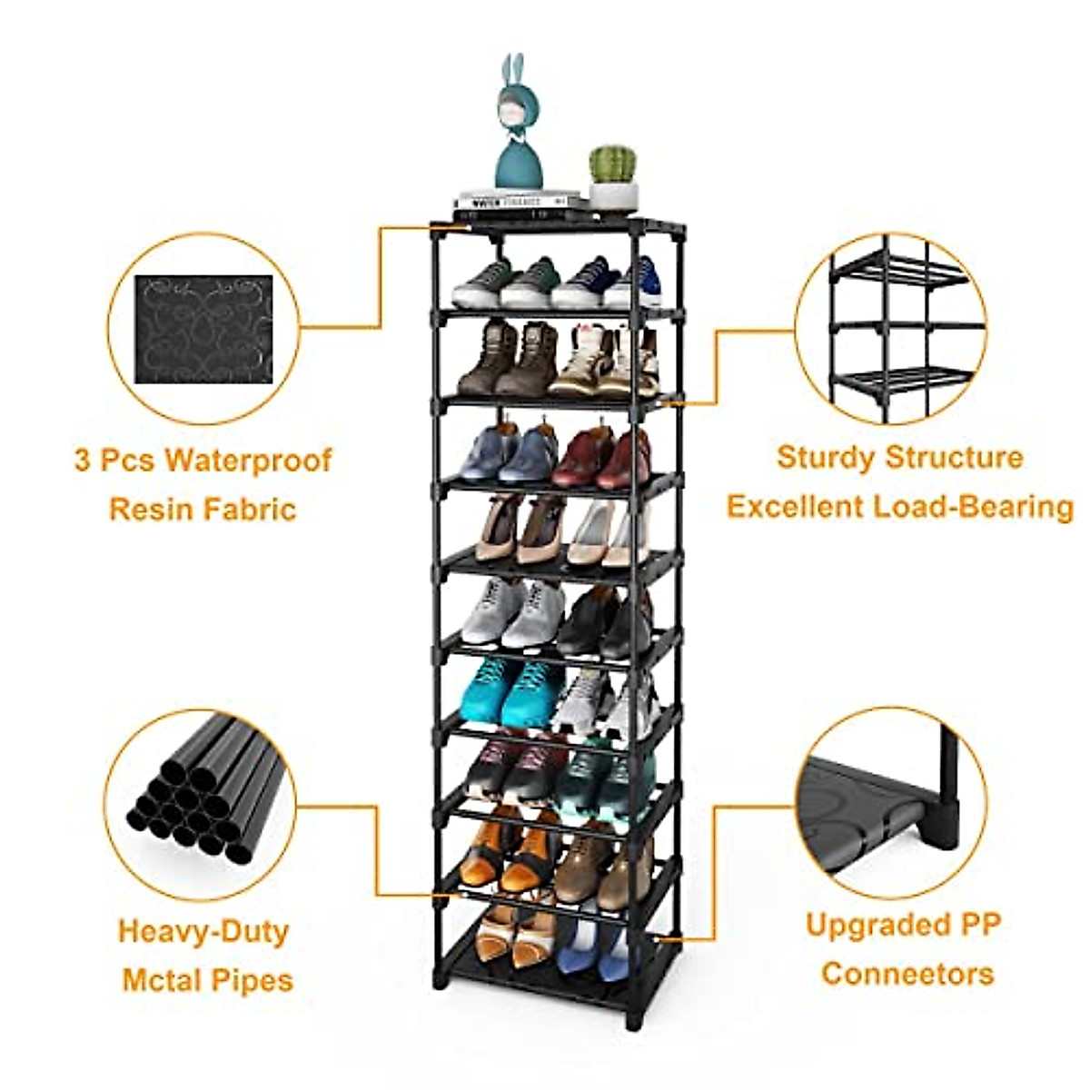 Dorub 10-Tier Shoe Rack Storage Organizer, Sturdy Metal Shoe Rack, Tall Narrow Standing Shoe Shelf,for Entryway, Hallway, Cloakroom, Garage, Dormitory,Walk-in Closets and Living Room