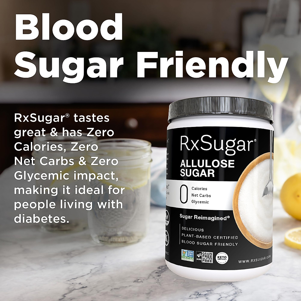 RxSugar Delicious Plant-Based Crystal Sugar, Allulose, 16 oz | Allulose sweetener | 0 Calorie, 0 Net Carbs, 0 Glycemic | Diabetes-Safe Natural Sugar | Keto Certified | Non-GMO Project Verified | Gluten-Free Certified