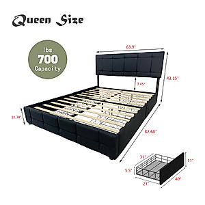 Tuconia Linen Upholstered Platform with 4 Storage Drawers Bed Frame with Headboard and Wooden Slats Support Easy Assembly Queen Size Black