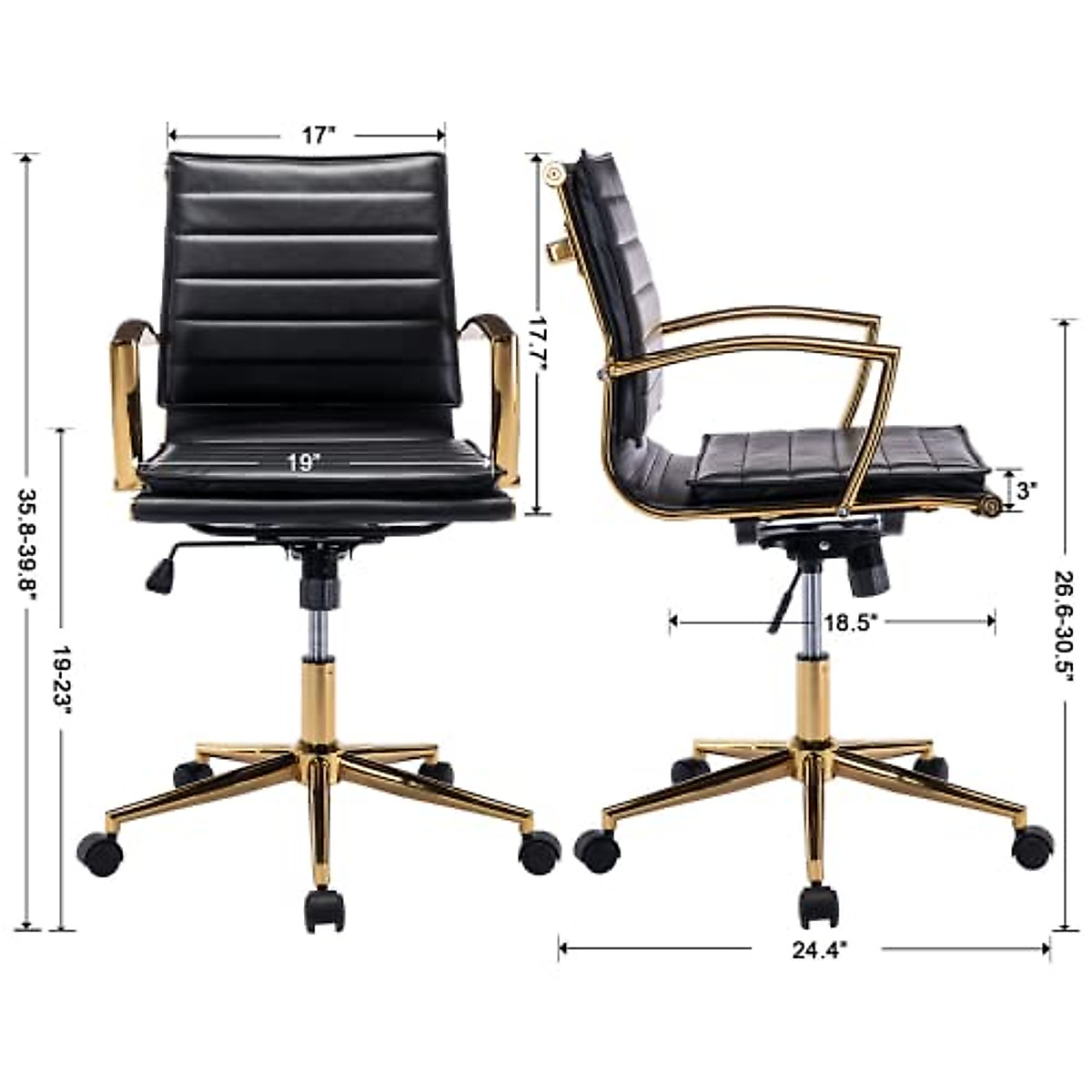 EALSON Modern Leather Desk Chair Ergonomic Office Chair with Wheels and Arms Gold Base Comfortable Computer Task Chair Adjustable Swivel Executive Chair for Home Office, Black