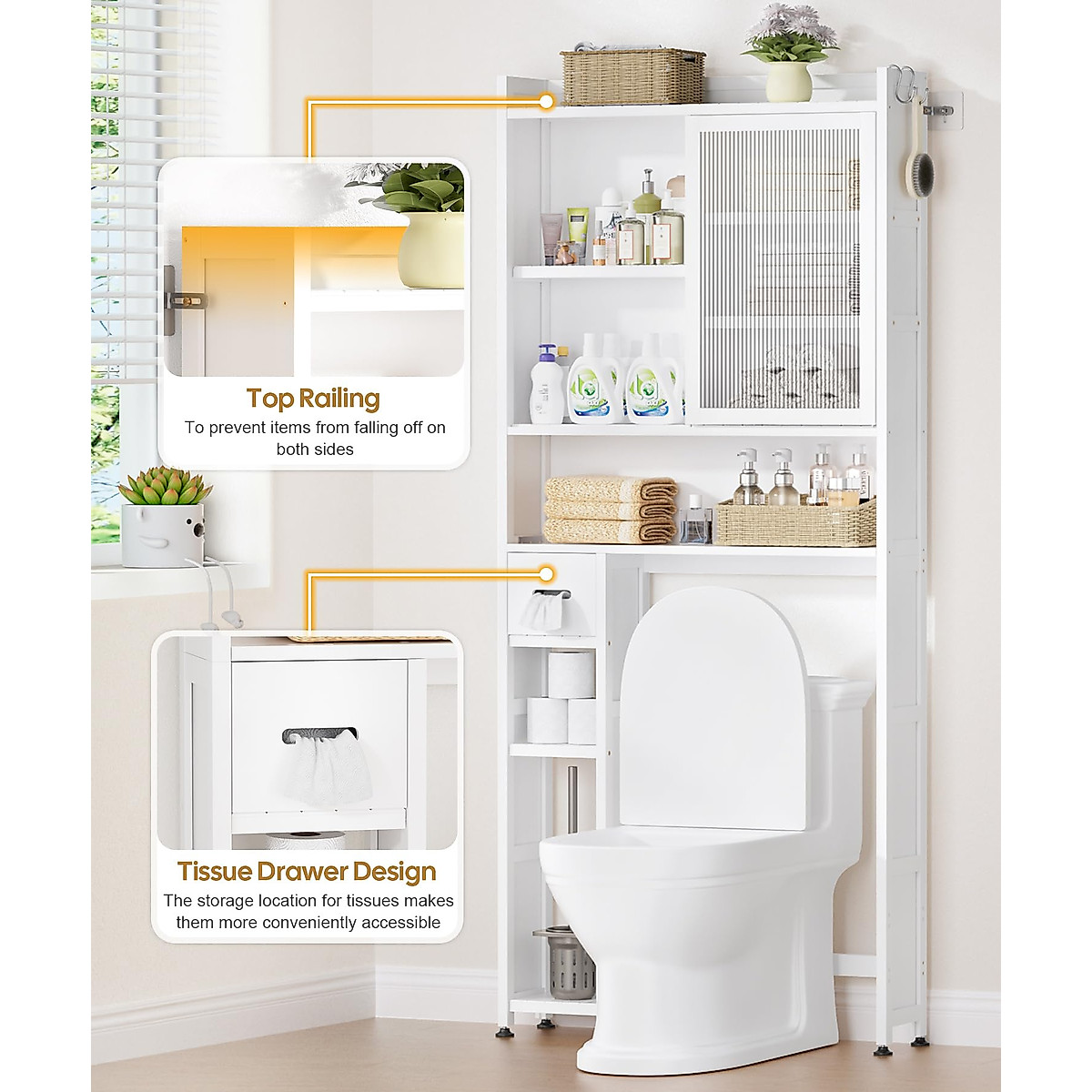 Cozivolife Over The Toilet Storage Cabinet with Acrylic Door Panel and Paper Towel Drawer, Bamboo Toilet Shelf, Organizer Rack Above Toilet for Bathroom (Without Power Strip, White)
