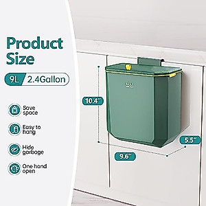 WOA WOA 2.4 Gallon Hanging Trash Can for Kitchen, Small Garbage Bin with Lid for Bathroom Bedroom, Mountable Cabinet Compost Bin Under Sink, Wall Mounted Waste Bucket - Green