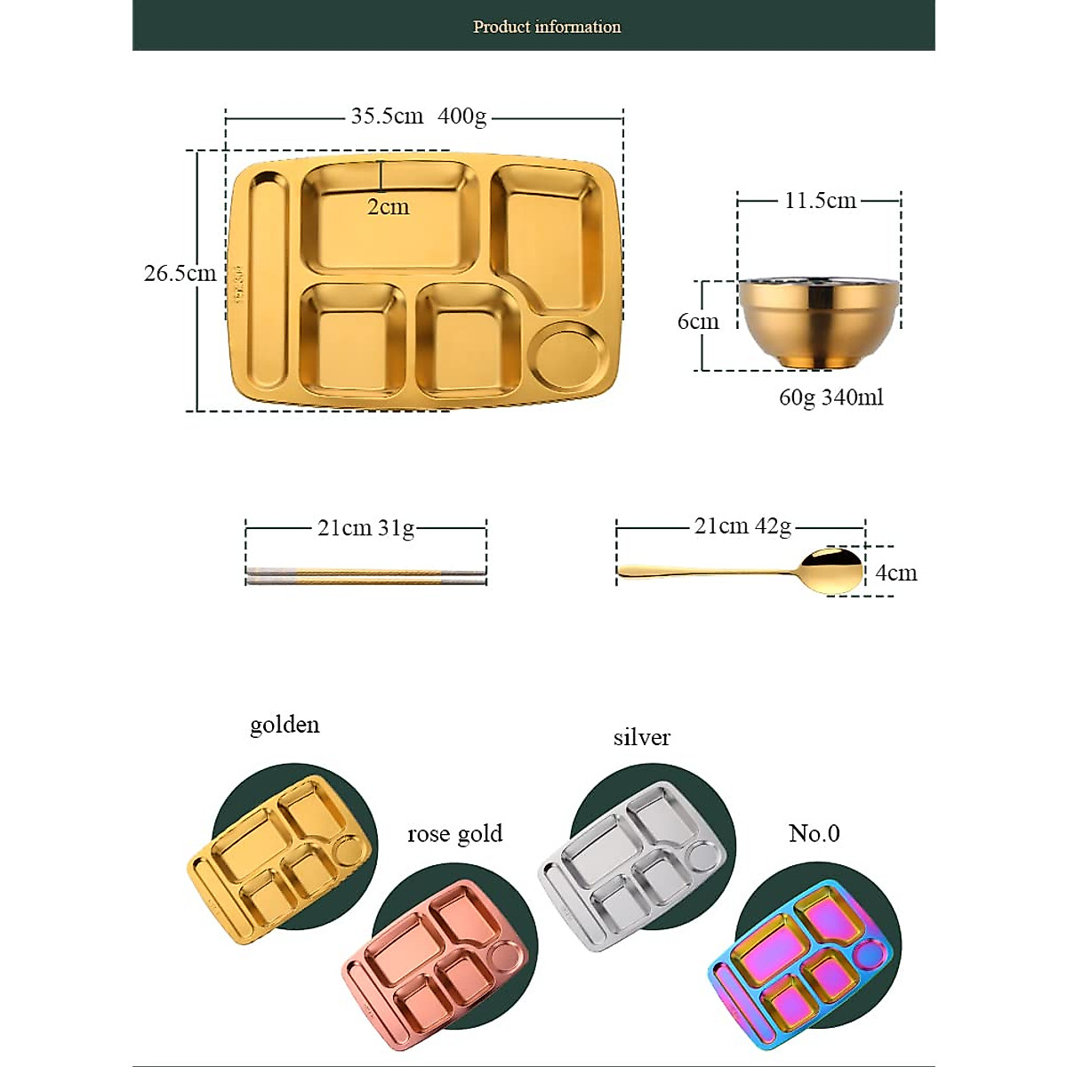 QOBIMOON 18/8 Stainless Steel Divided Plate, Food Trays 4 Section Dinner Plate with Bowl, Chosticks and Spoon, Camping Dishes, Adult Lunch and Dinner-Rainbow Color
