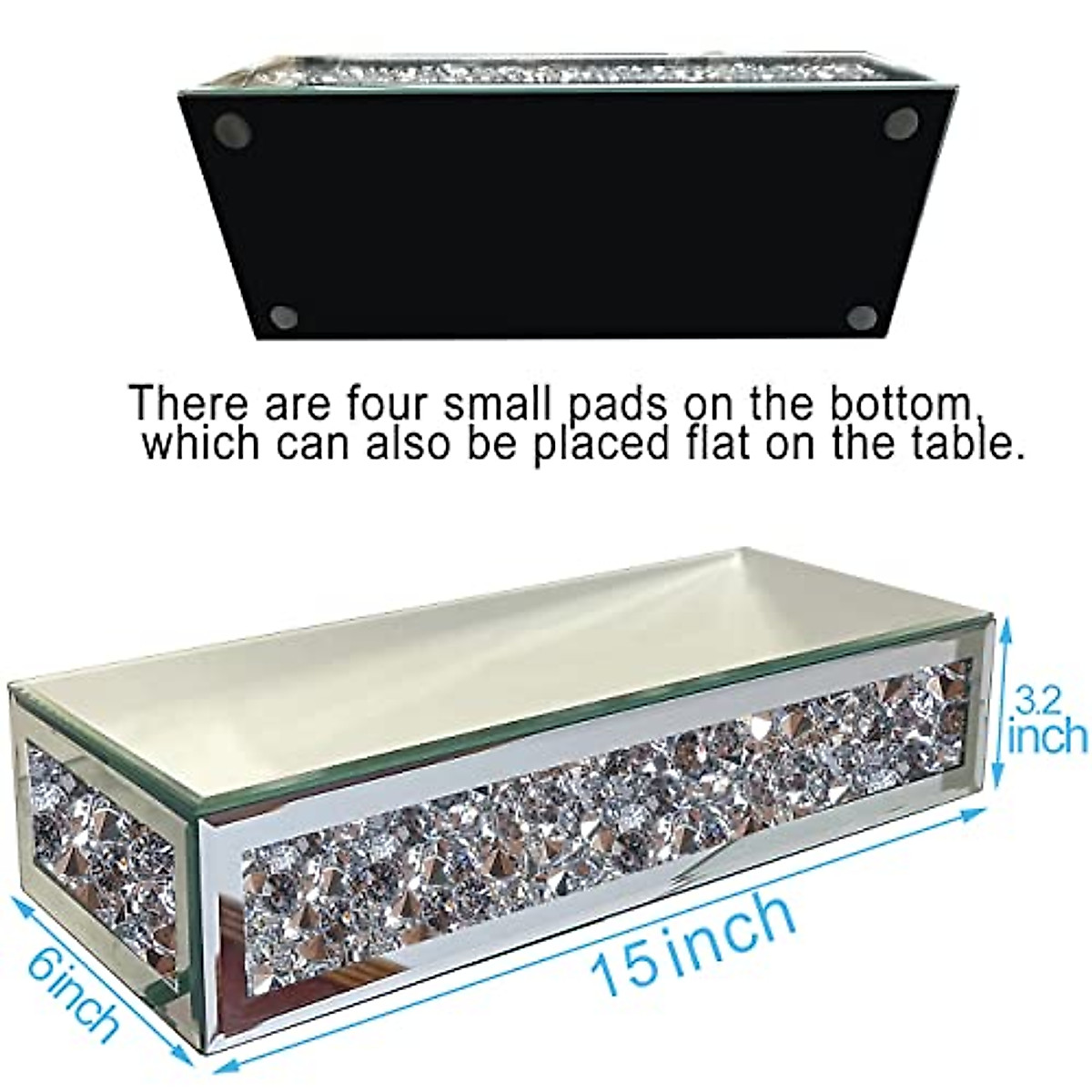 TACIDON Floating Wall Shelf Mirrored .Glamorous Crushed Diamond Crystals Wall Rack.Glass Display Ledge of Trophy and Photo Frame. Suitable for Living Room,Bathroom,Bedroom.(15”x6”x3”)