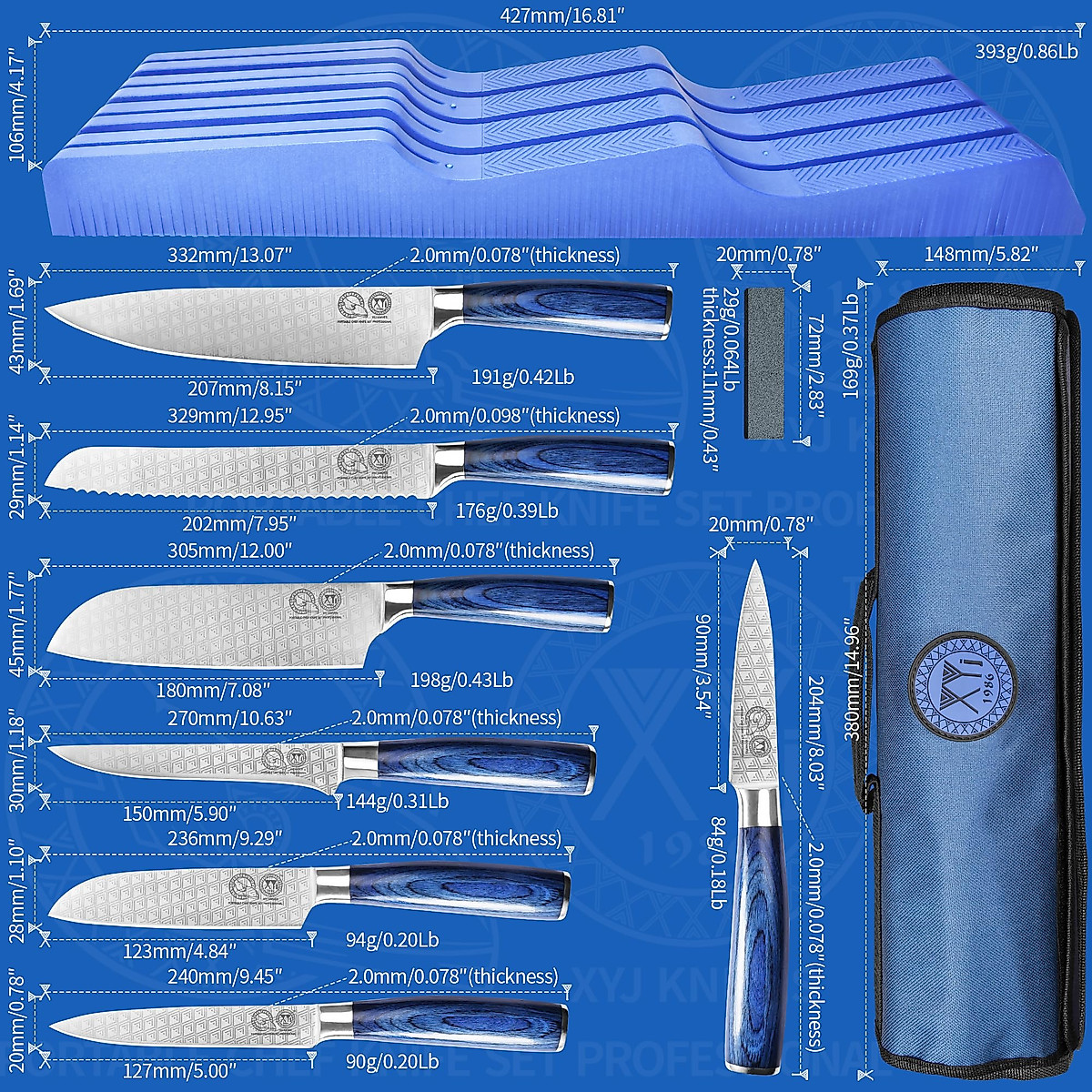 XYJ Kitchen Knife Block Sets 7pcs Stainless Steel Chef Knife Canvas Knife Bag Drawer Knife Holders Cooking Knife For Meat Fish Vegetable Cutting (Blue)