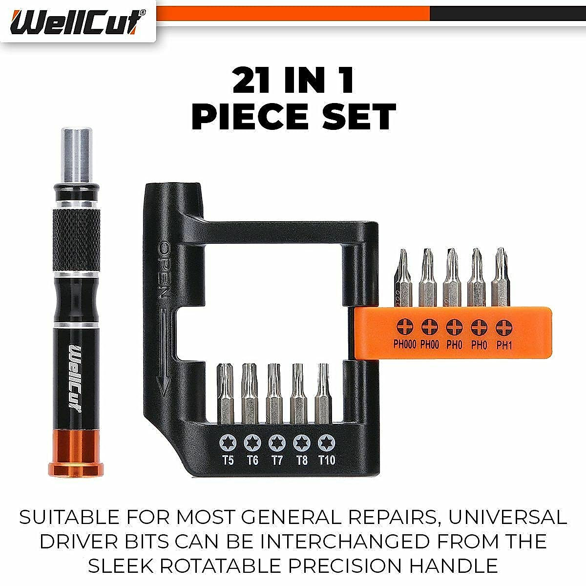 WELLCUT 21-Piece Precision Multi-Purpose Screwdriver Set Bit Set with Rotatable Pole and Anti-Slip Handle, Work Repair Tool for Household Appliances, Electronics, Crafts & DIY, WC-MPS21U