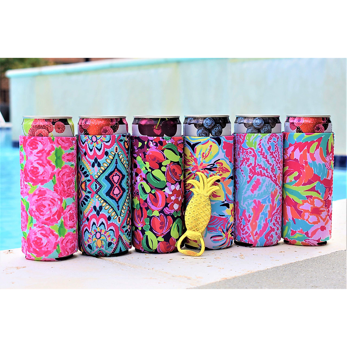 6-Pack Slim Can Neoprene Insulators in Cute Floral Patterns and Pineapple Bottle Opener| Perfect for Insulator for 12oz Tall Drinks Like White Claw, Truly, Red Bull, Spiked Seltzer, Michelob Ultra!