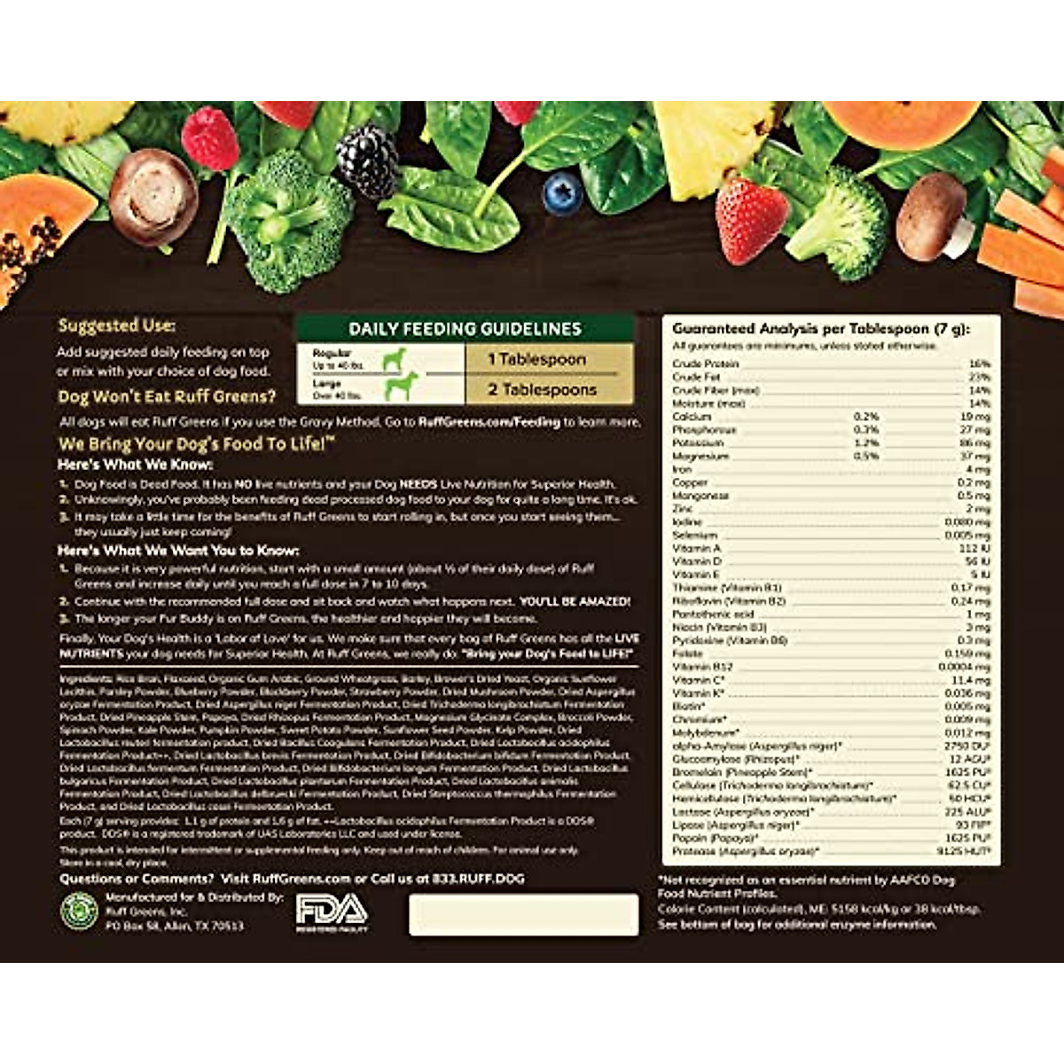 Ruff Greens - Vitamin & Mineral Supplement, Nutritional Support for Dogs, Probiotics for Dogs, Dog Vitamin Powder, Nutritionally Pure Superfood for Pets, 7.4 Ounce