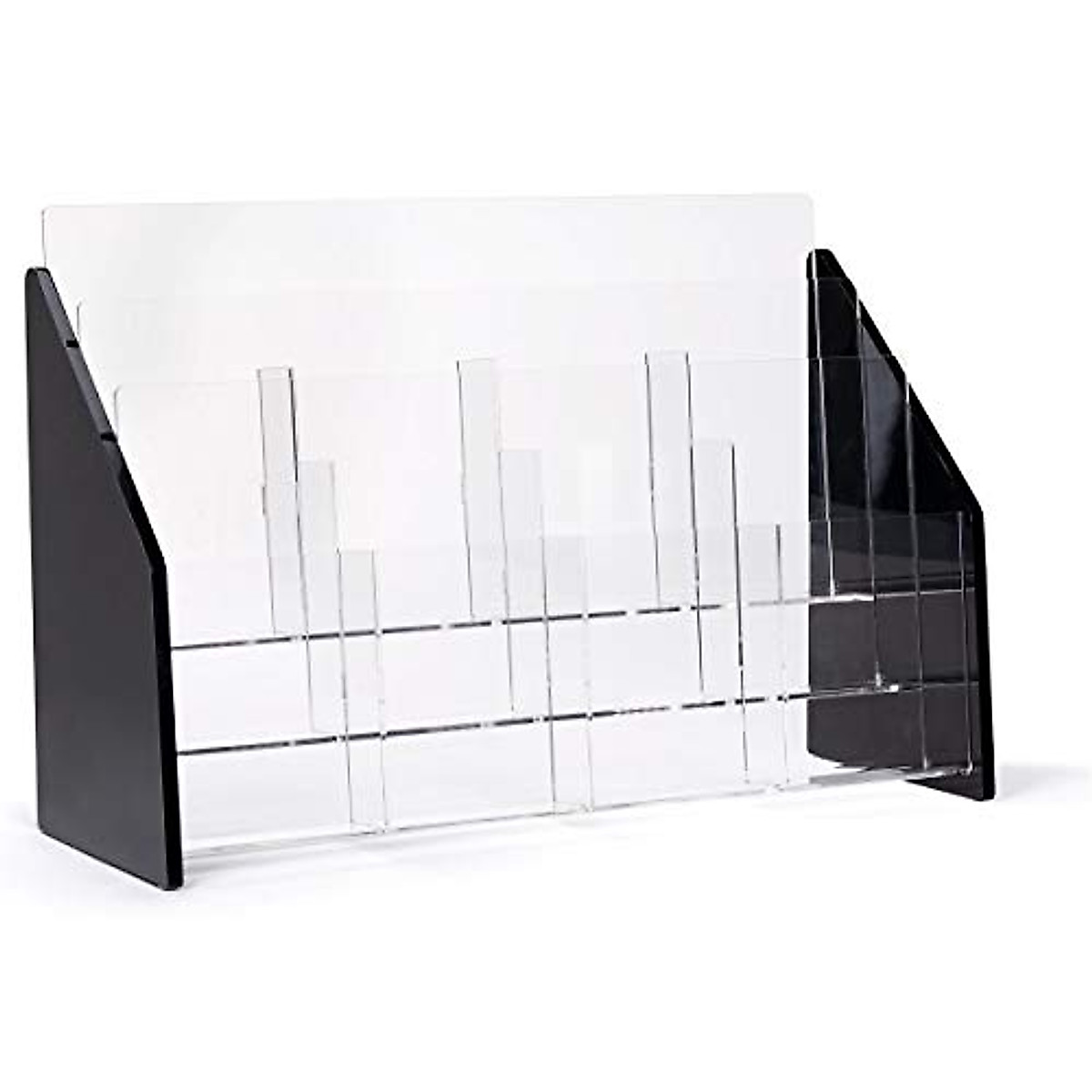 Tiered Leaflet Holder with 12 Pockets for 4x9 Brochures, Clear Plexiglas Brochure Rack for Tabletop Use with Black Acrylic Sides