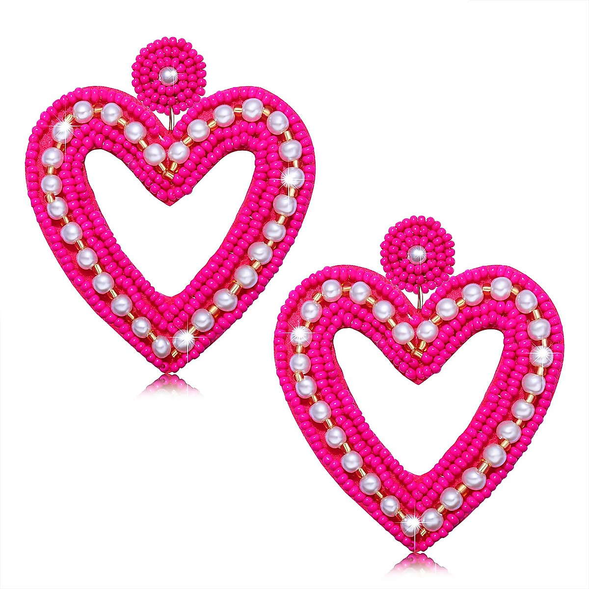 Valentines Heart Earrings Handmade Pearls Embellished Love Heart Beaded Earrings Fashion Trendy lightweight acrylic double heart Dangle Earrings for Women Valentine’s Dating Jewelry