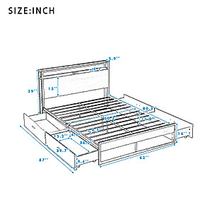 Bellemave Full Metal Bed Frame with Wooden Headboard and USB Ports Full Size Platform Bed 2-Tier Storage Headboard and Charging Station, Noise-Free, No Box Spring Needed, White
