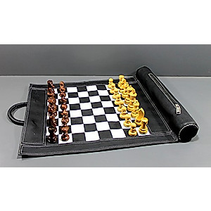StonKraft - 19" x 15" (Playing Area 12" x 12") Genuine Roll-Up Leather Chess Set - with Wooden Chess Pieces - Black Colour | Comes with Innovative Carry Pouch