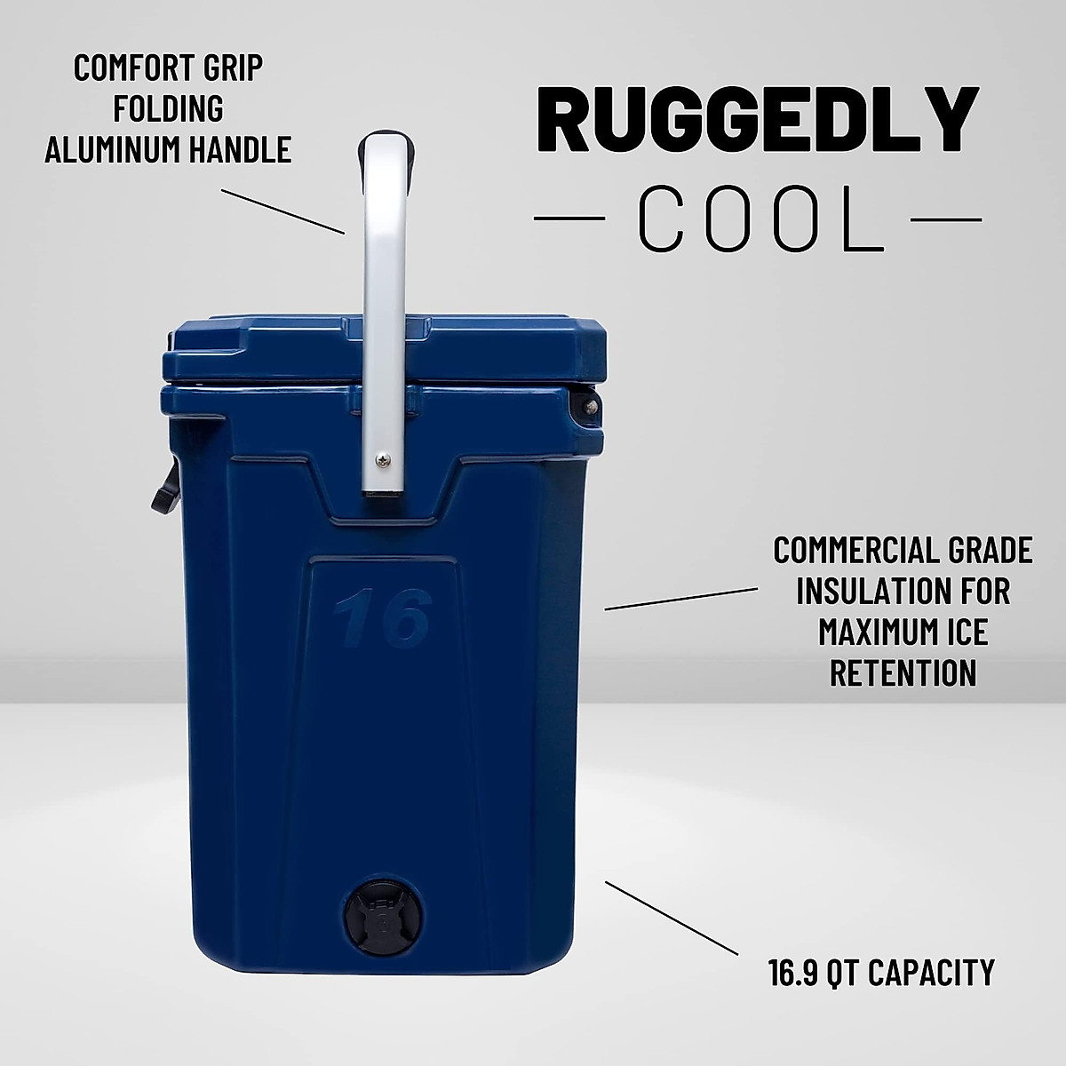 CAMP-ZERO 16L Tall Cooler/Ice Chest with 2 Molded-in Cup Holders & Folding Aluminum Handle | Thick Walled, Freezer Grade Cooler with Secure Locking System & Removable Divider (Navy Blue)