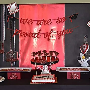 Red We Are So Proud of You Banner Graduation Party Decorations Glitter Hat Garland Class High School College Grad Party Supplies