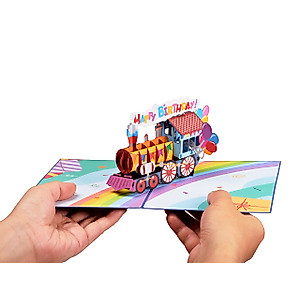 Paper Love Happy Birthday Train, Handmade 3D Pop Up Birthday Card - 5"x7" Cover - Includes Envelope and Note Tag