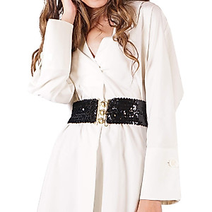 Anna-Kaci Women's Sparkly Glitter Sequin Wide Stretch Elastic Belt Accessory,Black,One Size