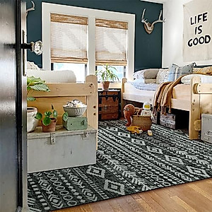 Lahome Boho Moroccan 8x10 Area Rugs, Ultra-Thin Soft Black White Rugs for Living Room Washable, Non-Shed Tribal Print Large Indoor Carpet Stain Resistance for Bedroom Playroom Nursery