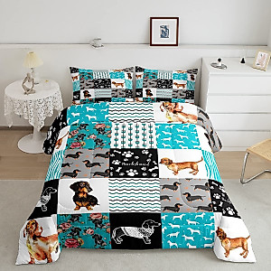 Cute Dachshund Comforter Set for Kids Boys Girls,Lovely Puppy Pet Bedding Twin Size,Kawaii Dog Paw Quilt for Dog Lover,Farmhouse Flower Animal Duvet Insert with 1 Pillowcase Home Room Decor