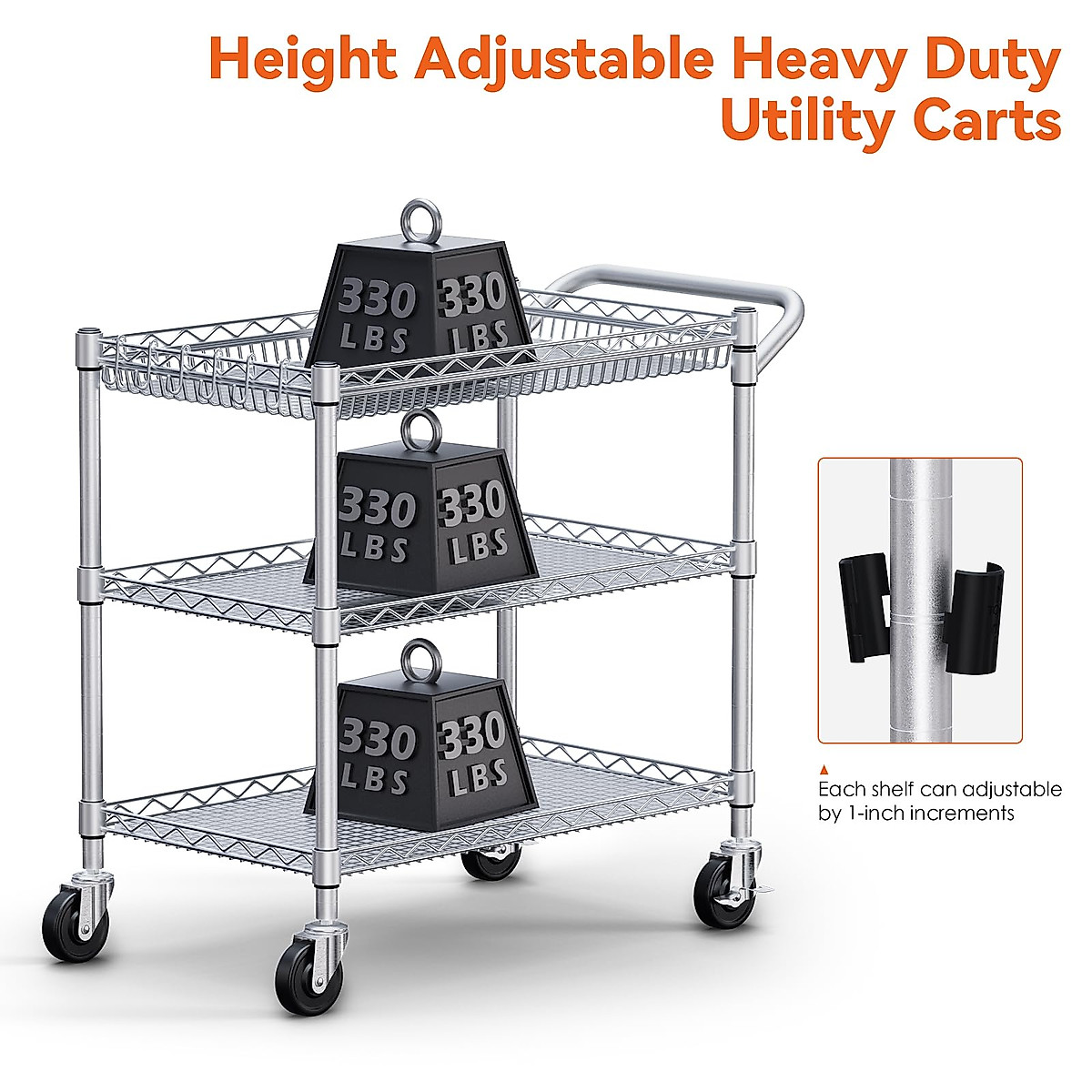 WDT Heavy Duty 3 Tier Rolling Utility Cart, Kitchen Metal Utility Carts with Handle Bar, Utility Shelf Plant Display Shelf Food Cart Storage Trolley with Wheels, Silver
