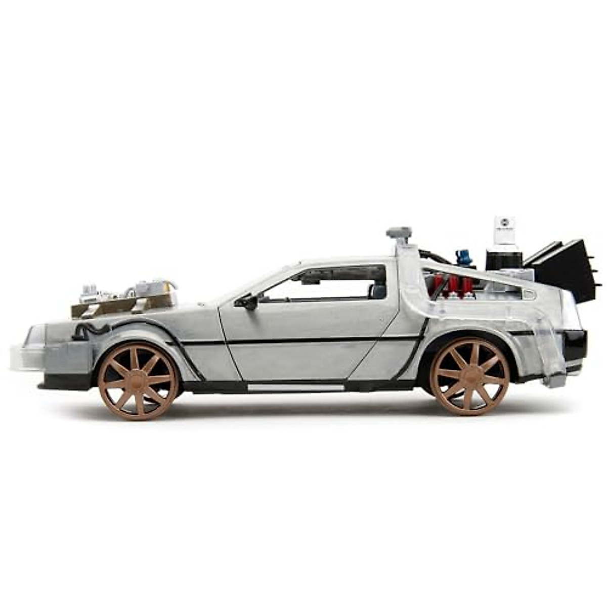 Delorean Brushed Metal Time Machine (Train Wheel Version) with Lights Back to The Future Part III (1990) Movie Hollywood Rides Series 1/24 Diecast Model Car by Jada 34996