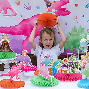 WERNNSAI 9 PCS Watercolor Dinosaur Party Honeycomb Centerpiece - Dinosaur Birthday Party Table Decorations Girls Kids Dino Birthday Baby Shower Table Toppers Supplies 3D Volcano Centerpieces
