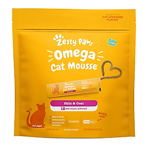 Zesty Paws Omega Cat Mousse Squeezable Cat Treats - with Seaweed, Omega Fatty Acids, Antioxidants Vitamins & Minerals - Skin & Coat Support for Cats - Tuna Fish Flavor - 18 Count