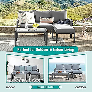 Soleil Jardin Outdoor Patio Furniture Set with Chaise Lounge, Aluminum Sofa Set for Porch Garden, Space Saving L-Shaped Corner Sectional Chair with Glass Coffee Table, Dark Grey Finish & Grey Cushion