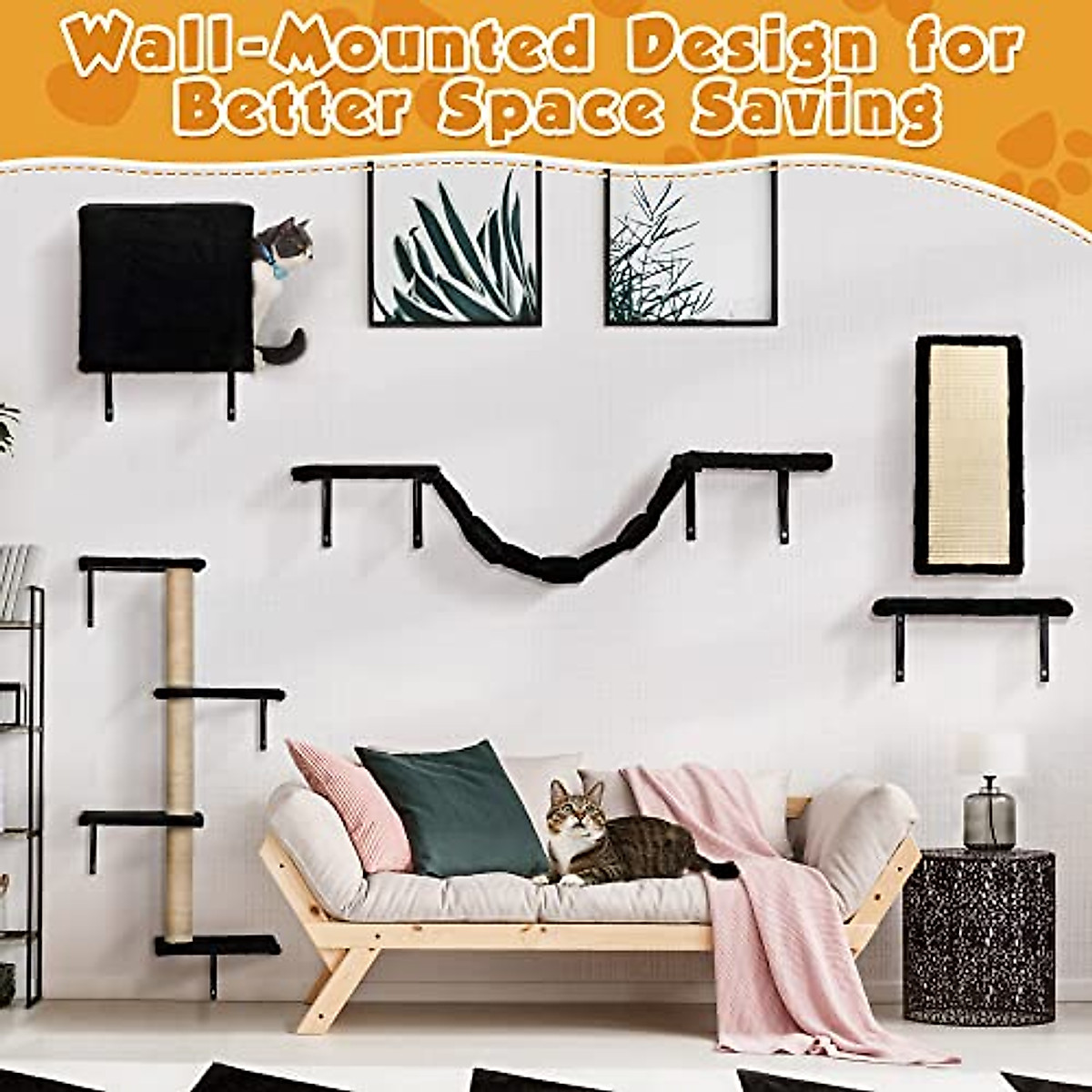 COZIWOW 5 Pcs Wall-Mounted Cat Climber Set with Cat Shelves and Perches, Ladder, Cat Condo House, Scratching Board and Cat Tree, Cat Wall Shelves Furniture, Wood Indoor,Black
