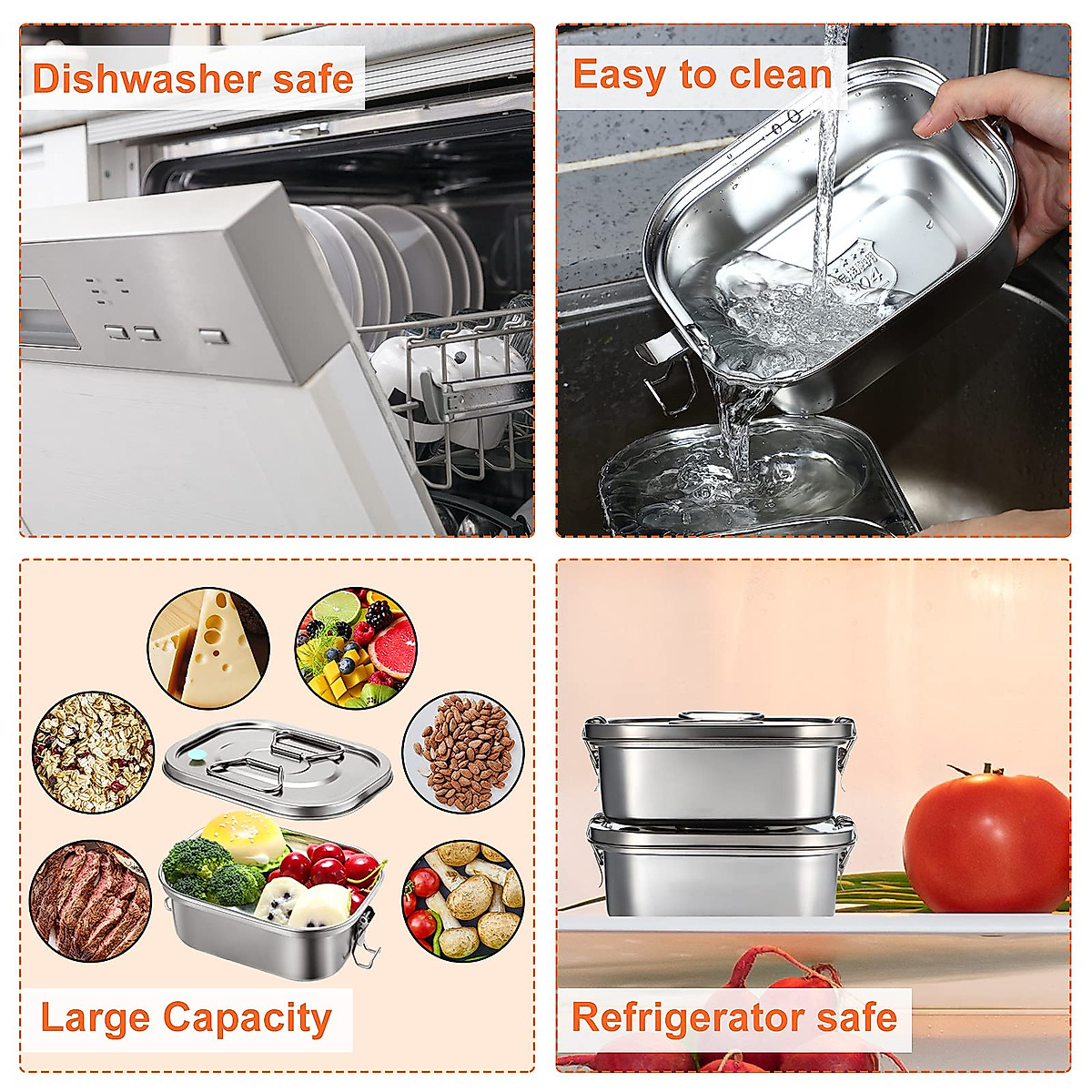 Romooa Stainless Steel Bento Boxes with Airtight Valve and Handle, Set of 2 Leakproof Metal Lunch Containers, 1600ml Capacity, BPA Free, Dishwasher Safe