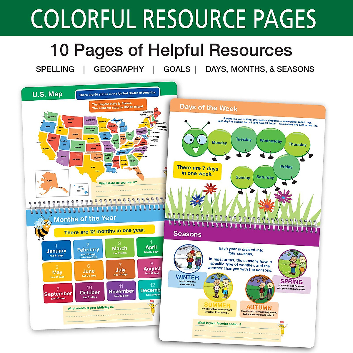 Primary Journal for Writing & Drawing for Kids. Kindergarten Journals include Reading Log Pages & Worksheet Pages for Geography, Days of Week, Seasons and More.