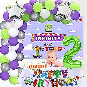Crenics Two Infinity and Beyond Birthday Decorations - Two Infinity and Beyond Backdrop, Happy Birthday Banner, Balloon Garland Arch, 2 Number Balloon with Cake Toppers for 2nd Birthday Party Supplies