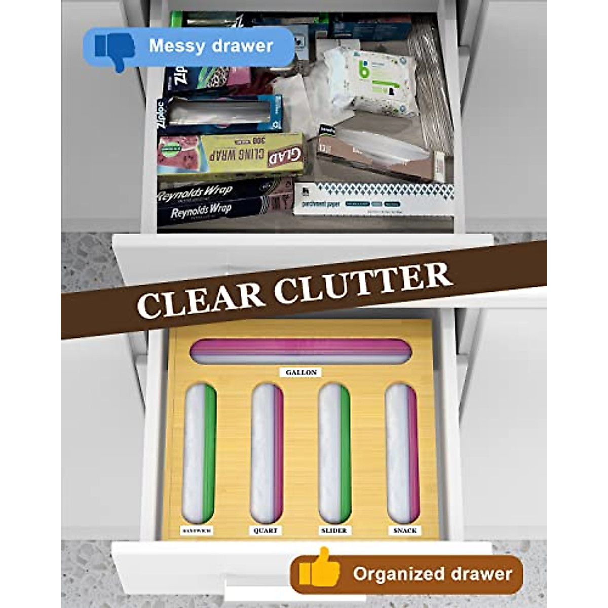 VenDotbi Bag Storage Organizer, Bamboo baggie organizer with Slider, Suitable for Kitchens and Countertop to Storage Gallon, Quart, Sandwich & Snack Bags and other Size Bag Organizer-Natural