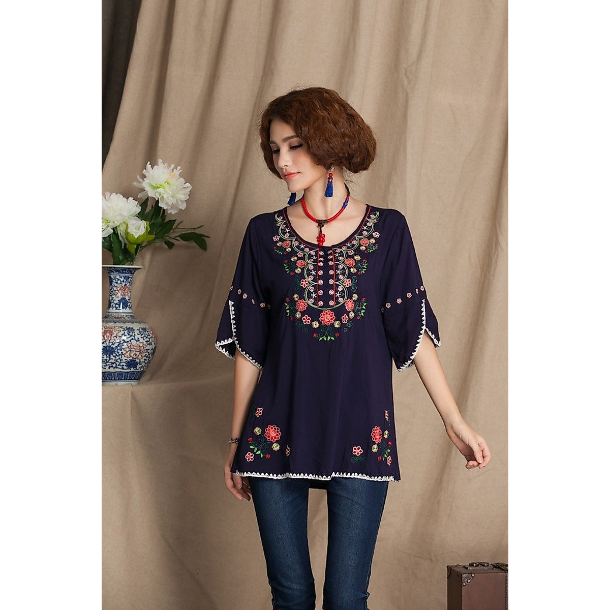 Ashir Aley Bell Sleeve Womens Girls Embroidered Cotton Peasant Tops Mexican Bohemian Shirts Blouses (L,Navy Blue)