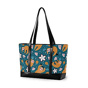 Sloths Flowers Laptop Tote Bag for Women Canvas Teacher Tote Bags Work Travel Bag Handbags Fashion Purse with Zipper