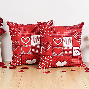 Valentine's Day Pillow Covers 18 x 18 Inch, Set of 2 Red Waterproof Throw Pillow Covers Outdoor, Love Heart Plaid Decorative Cushion Pillow Cases for Anniversary Couch Patio Furniture Bench Bed Sofa