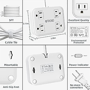2 Prong Power Strip, TROND 2 Prong to 3 Prong Outlet Adapter, 5ft Extension Cord, 4 Widely Outlets with 4 USB Ports, Wall Mountable, Ideal for Non-Grounded Outlets, No Surge Protector for Cruise Ship