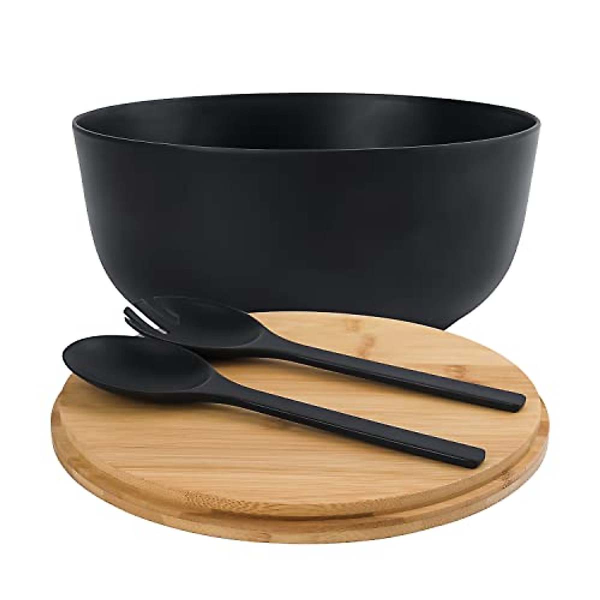 LOVYANXUE Bamboo Fiber Salad Bowl with Servers Set Large 9.8inches Nature Bamboo Mixing Bowl with Servers with Lid Spoon and Fork for Fruits ,Salads and Vegetables (Black, 10inch)
