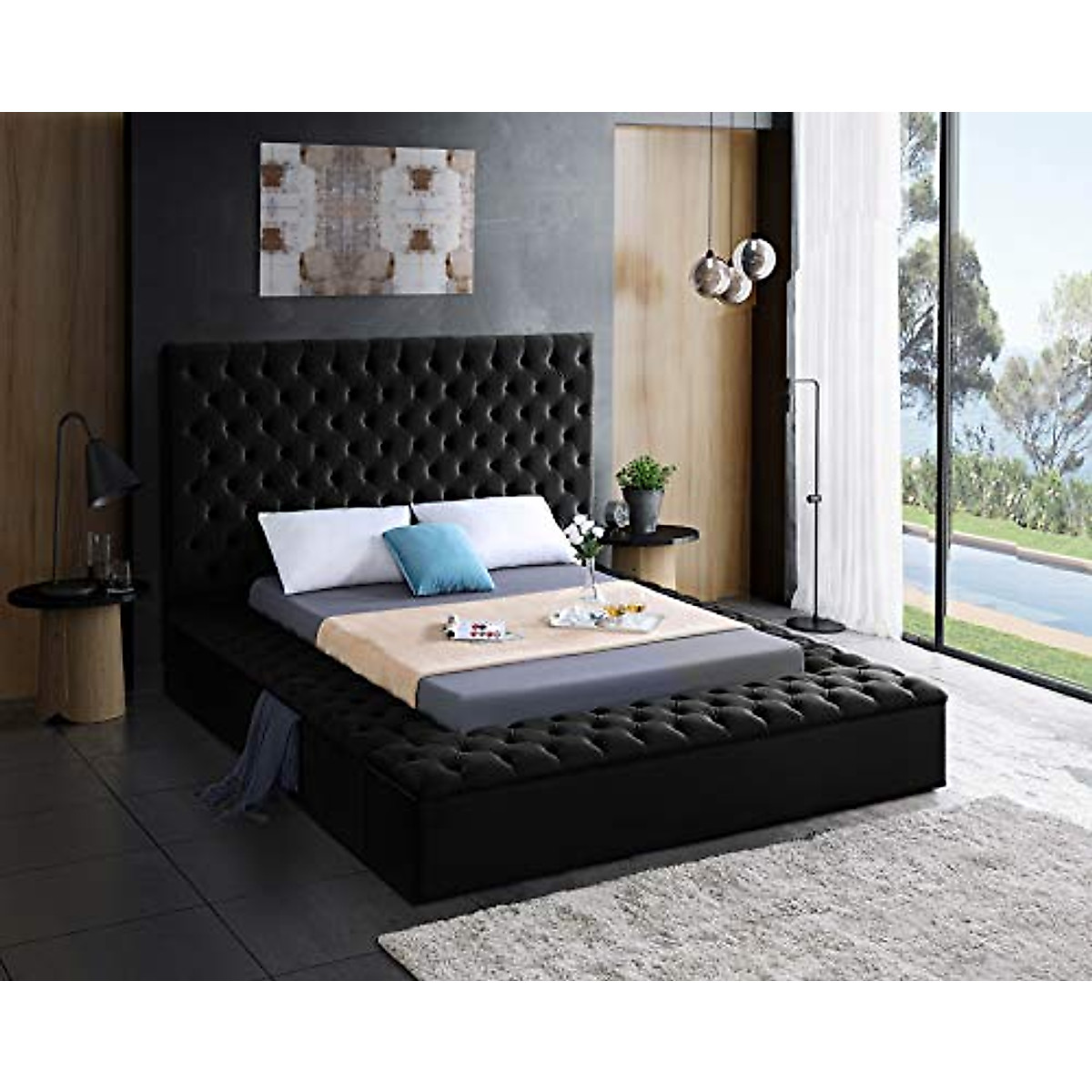 Meridian Furniture Bliss Collection Modern | Contemporary Velvet Upholstered Bed with Deep Button Tufting and Storage Compartments in Rails and Footboard, Black, Queen