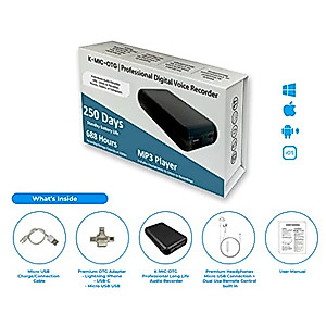 K-MIC-OTG Voice Activated Digital Audio Recorder 688 Hours of Recording Long Battry Life Power Bank - Play Back on Recorder, Computers, Phones, & Tablets