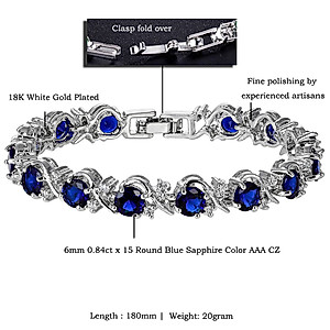 RIZILIA Blossom Round Simulated Blue Sapphire and White Cubic Zirconia 18K White Gold Plated Tennis Bracelet, 7"