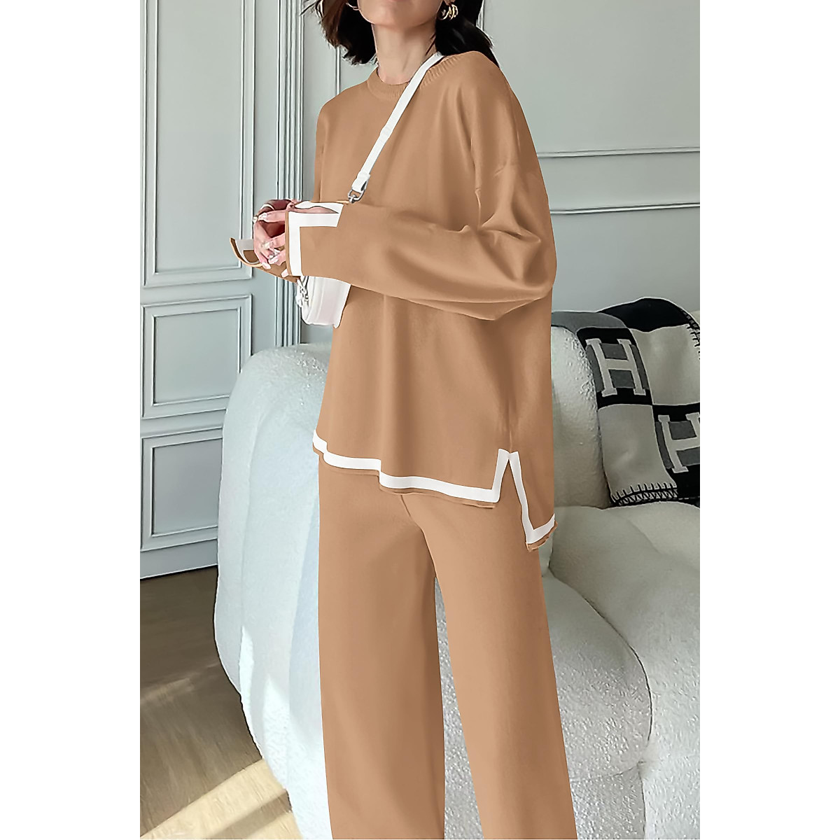 PRETTYGARDEN Women's 2 Piece Knit Sweater Set Casual Long Sleeve Pullover Wide Leg Pants Sweatsuit Tracksuit Outfit (Khaki,Large)