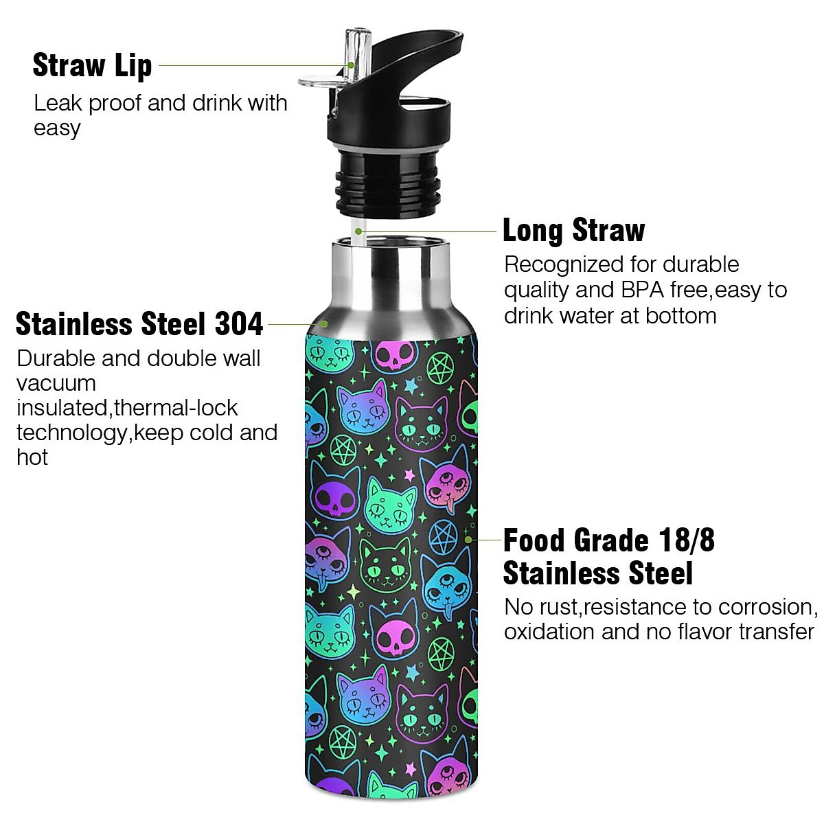 Burbuja Cute Cartoon Voodoo Cat Stainless Steel Water Bottle, Vacuum Insulated Water Bottles with Straw Lid for Sports, Gym, School - Leak & Sweat Proof, BPA Free, 32 oz