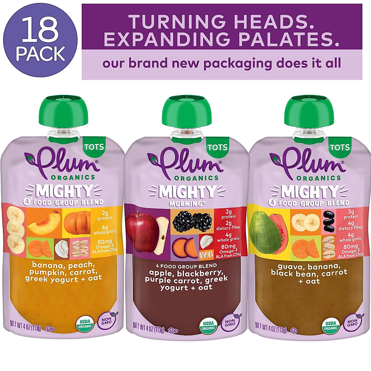 Plum Organics Mighty 4 Organic Toddler Food - 4 Food Group Blend Variety Pack - 4 oz Pouch (Pack of 18) - Organic Fruit and Vegetable Toddler Food Pouch (Amazon Exclusive)